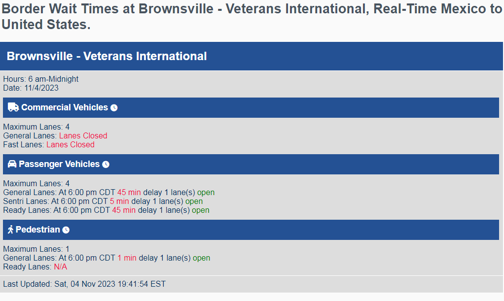 Brownsville - Veterans International Border Wait Times Mexico To United ...